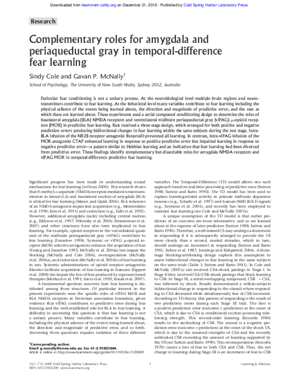 (PDF) Complementary roles for amygdala and periaqueductal gray in ...