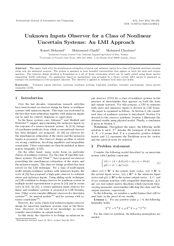 (PDF) Unknown inputs observer for a class of nonlinear uncertain systems: An LMI approach
