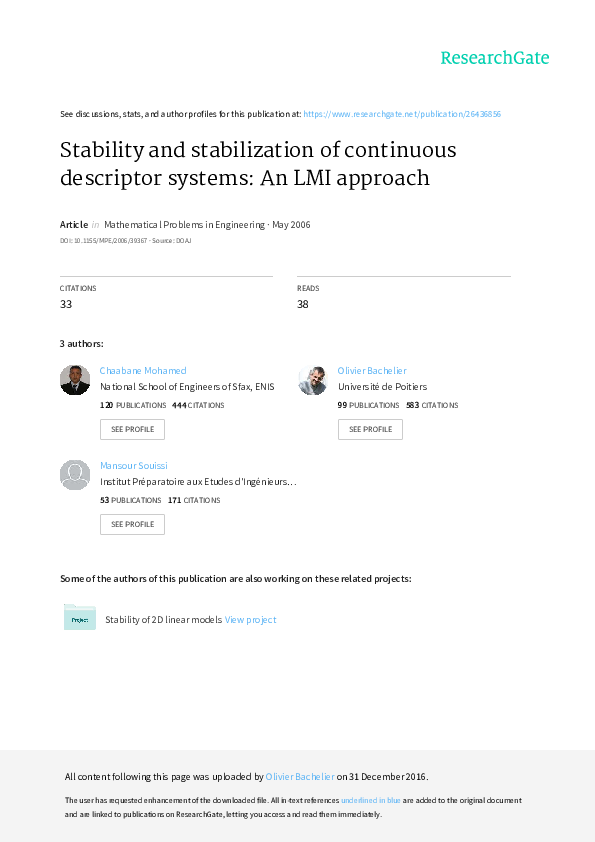 (PDF) Stability and stabilization of continuous descriptor systems: An LMI approach