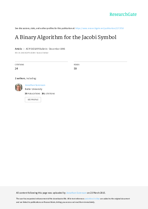 (PDF) A binary algorithm for the Jacobi symbol