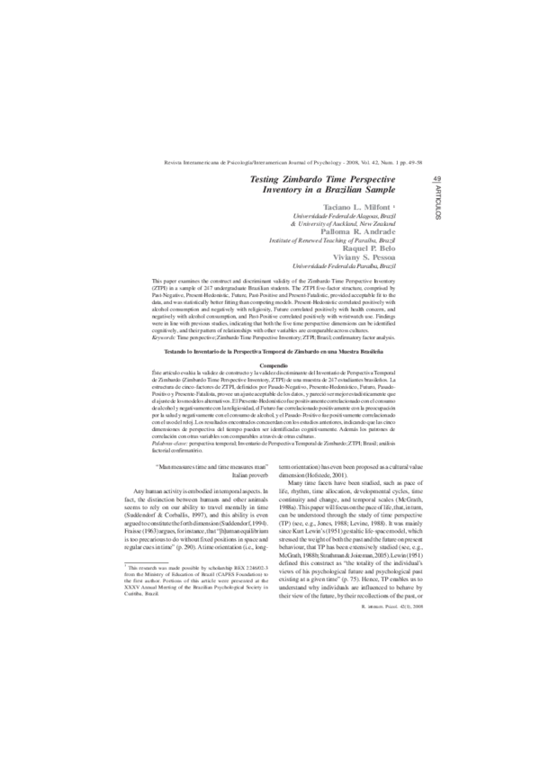 Pdf Testing Zimbardo Time Perspective Inventory In A Brazilian Sample