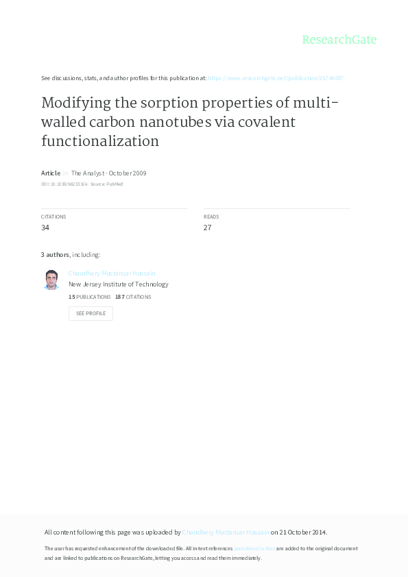 (PDF) Modifying the sorption properties of multi-walled carbon nanotubes via covalent ...