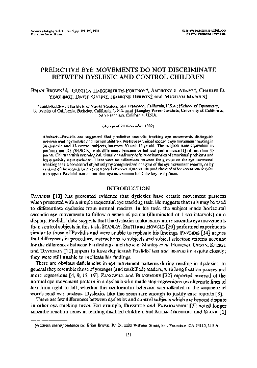 (PDF) Predictive eye movements do not discriminate between dyslexic and control children