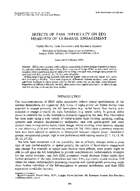 (PDF) Effects of task difficulty on EEG measures of cerebral engagement