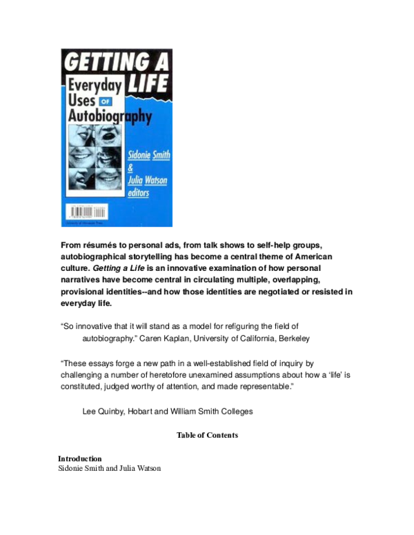(DOC) Getting a Life: Everyday Uses of Autobiography (abstract and TOC)