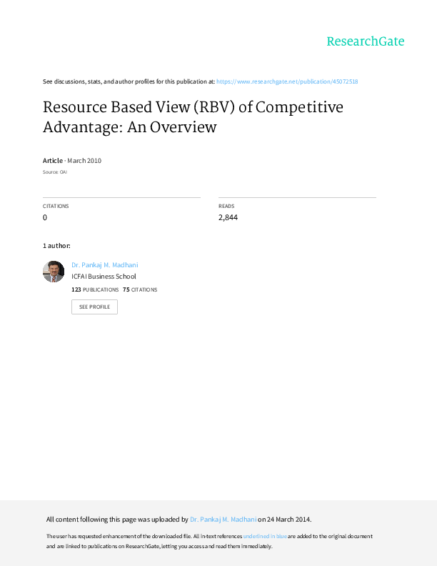 (PDF) Resource Based View (RBV) of Competitive Advantage: An Overview