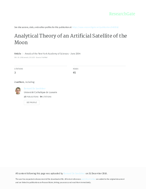Pdf Analytical Theory Of An Artificial Satellite Of The Moon