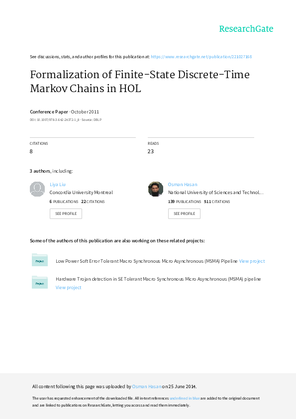 (PDF) Formalization of Finite-State Discrete-Time Markov Chains in HOL