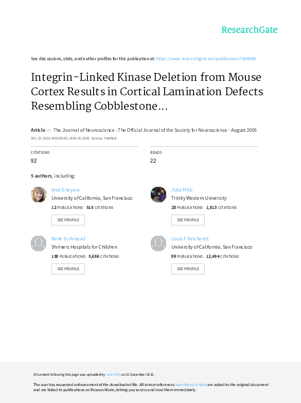 (PDF) Integrin-Linked Kinase Deletion From Mouse Cortex Results In ...