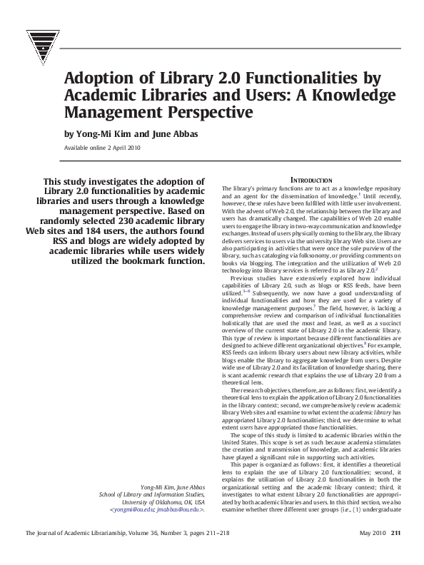 (PDF) Adoption of library 2.0 functionalities by academic libraries and users: A knowledge ...