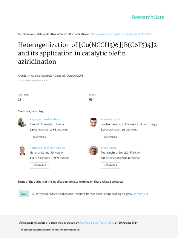 (PDF) Heterogenization of [Cu (NCCH3) 6][B (C6F5) 4] 2 and its ...
