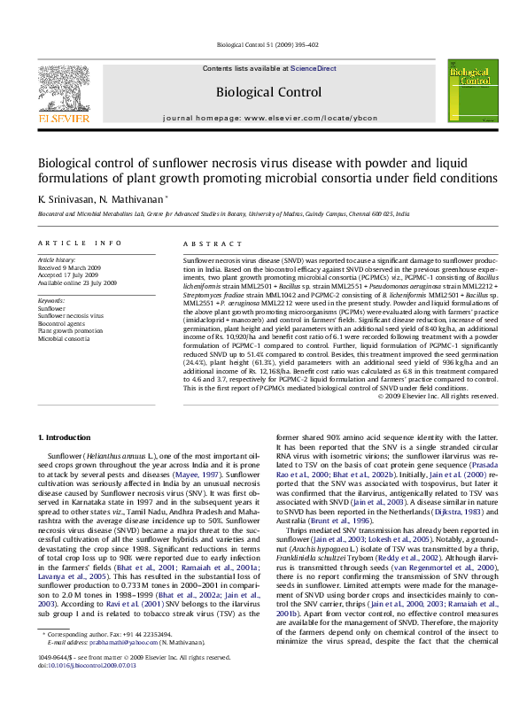 (PDF) Biological control of sunflower necrosis virus disease with powder and liquid formulations ...