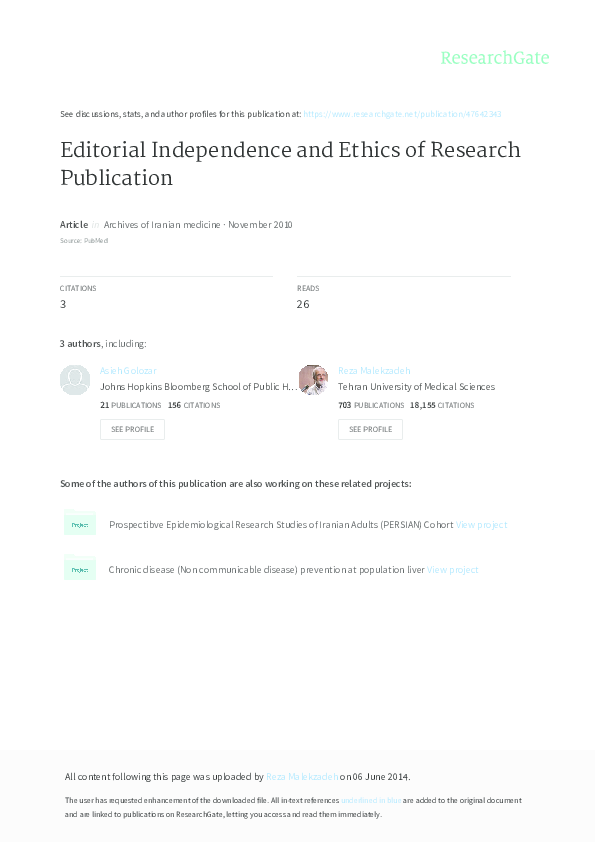 (PDF) Editorial Independence and Ethics of Research Publication