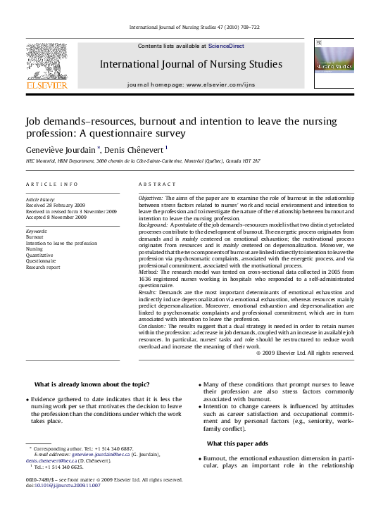 (PDF) Job demands-resources, burnout and intention to leave the nursing ...