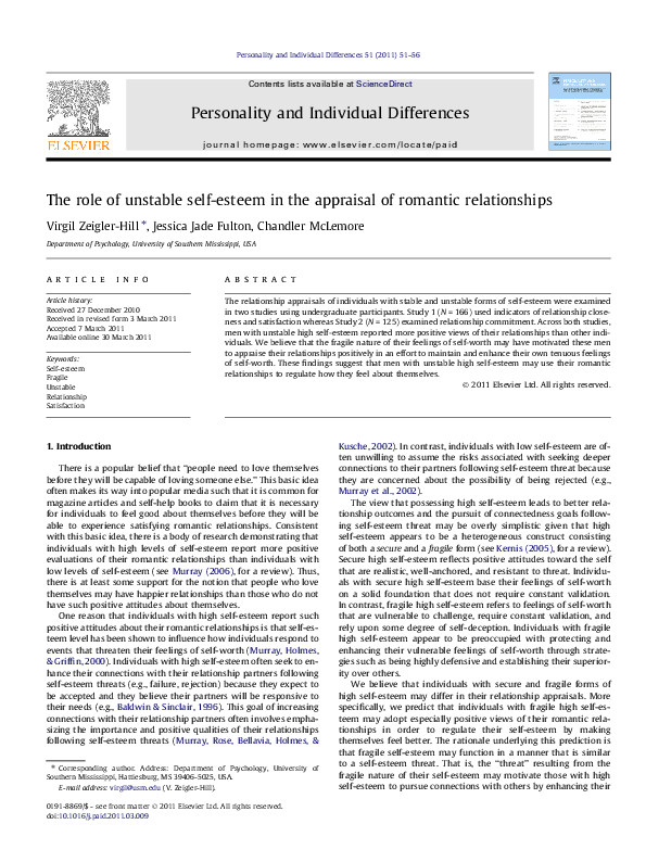 (PDF) The role of unstable self-esteem in the appraisal of romantic ...
