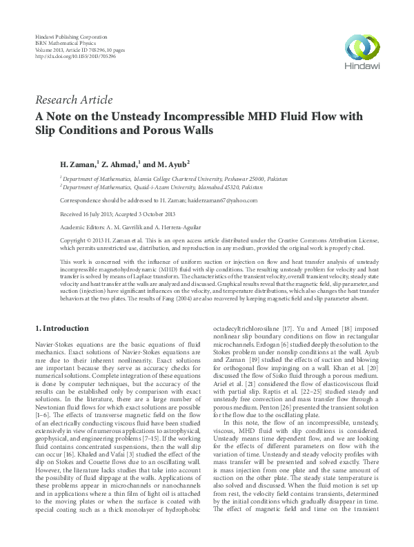 (PDF) A Note on the Unsteady Incompressible MHD Fluid Flow with Slip Conditions and Porous Walls