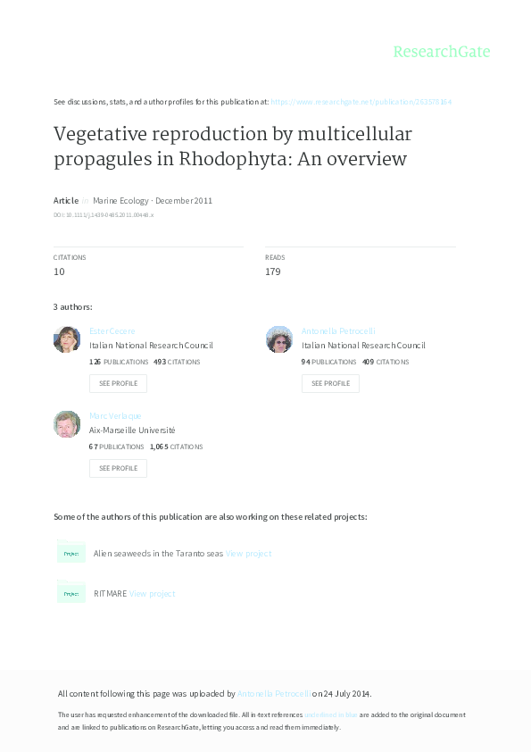 (PDF) Vegetative reproduction by multicellular propagules in Rhodophyta ...