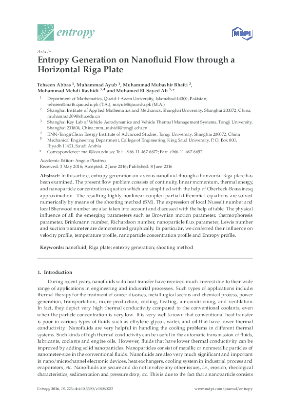 (PDF) Entropy Generation on Nanofluid Flow through a Horizontal Riga Plate