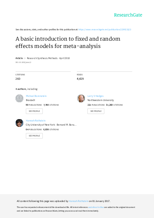 (PDF) A basic introduction to fixed‐effect and random‐effects models for meta‐analysis