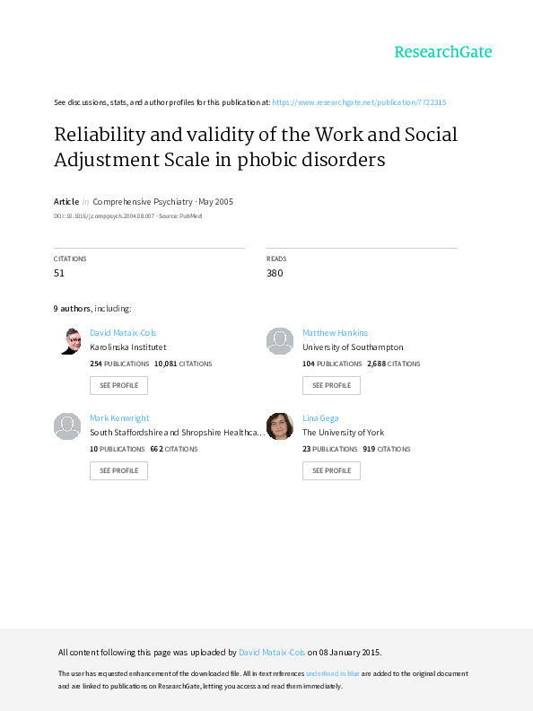 (PDF) Reliability and validity of the Work and Social Adjustment Scale ...