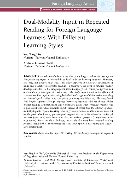 (PDF) Dual-Modality Input in Repeated Reading for Foreign Language ...