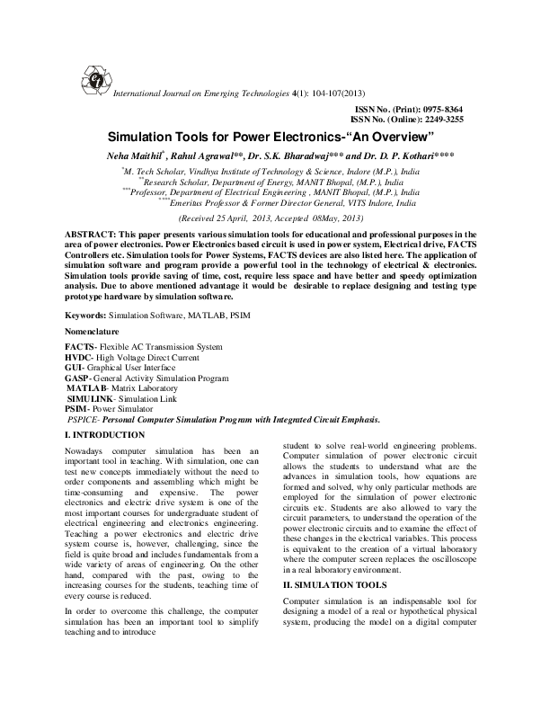 Pdf Simulation Tools For Power Electronics An Overview