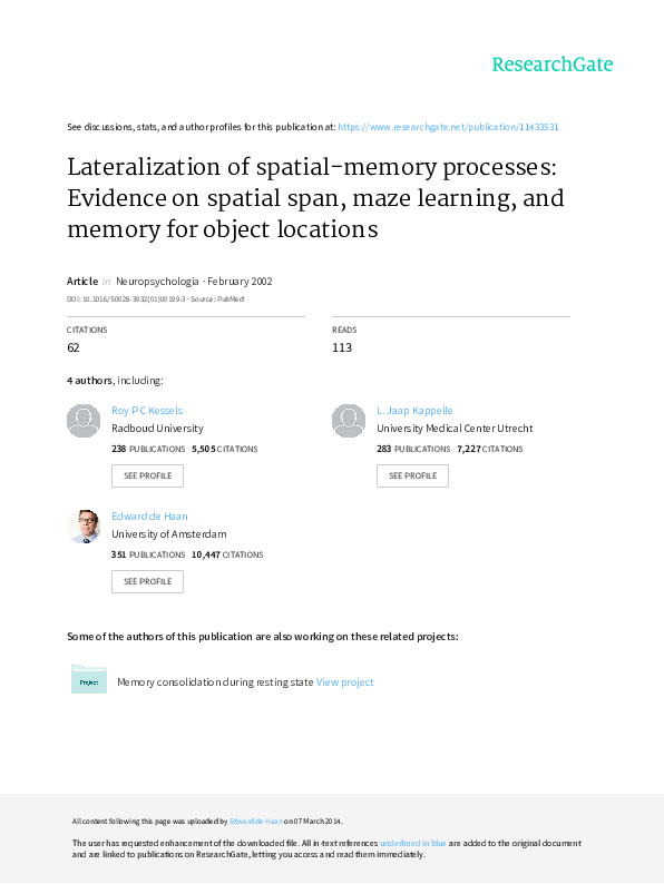 Pdf Lateralization Of Spatial Memory Processes Evidence On Spatial