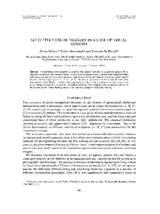 (PDF) Selective loss of imagery in a case of visual agnosia