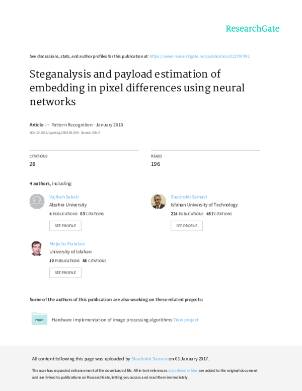 (PDF) Steganalysis and payload estimation of embedding in pixel differences using neural networks