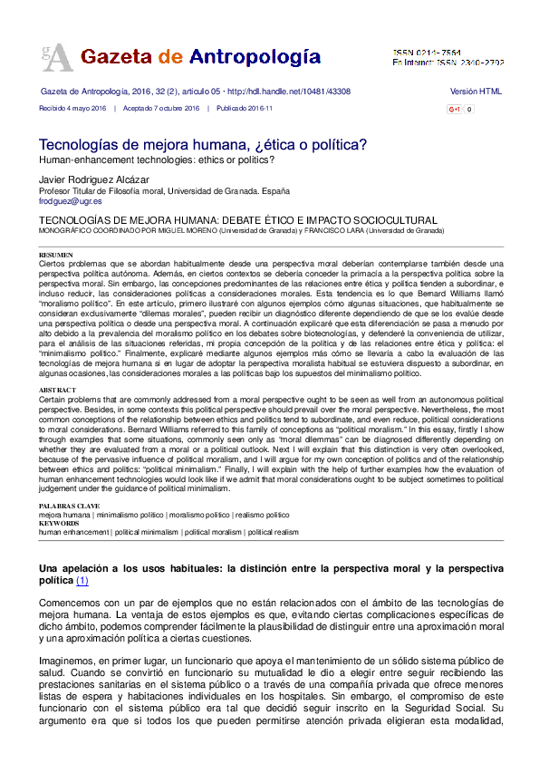 (PDF) Tecnologías de mejora humana: ¿ética o política?