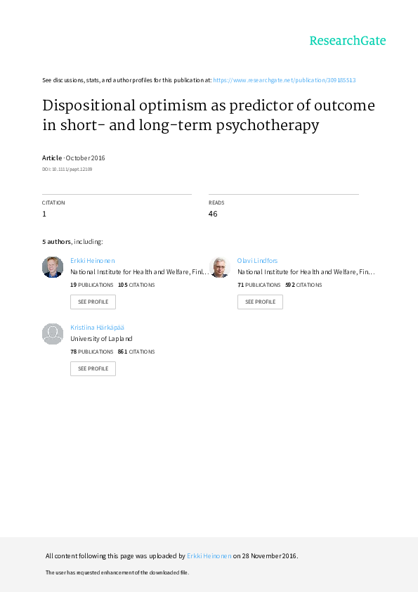 (PDF) Dispositional optimism as predictor of outcome in short‐ and long ...