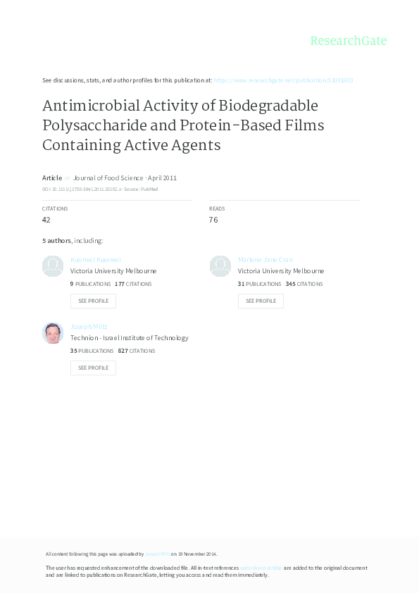 (PDF) Antimicrobial Activity of Biodegradable Polysaccharide and Protein‐Based Films Containing ...