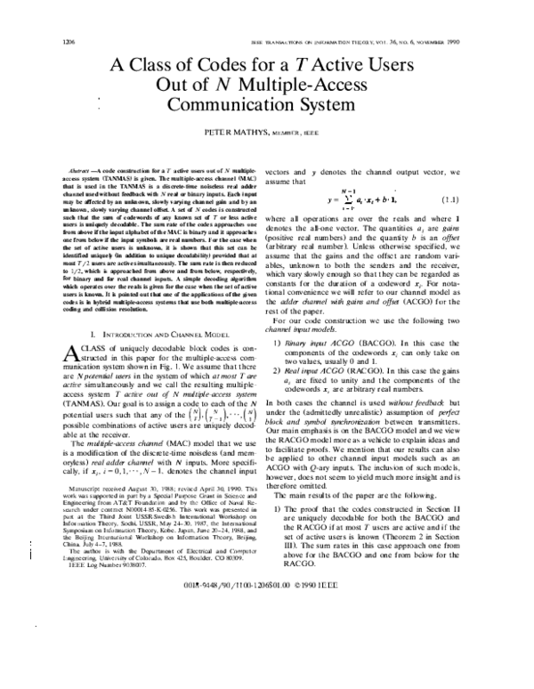 (PDF) A class of codes for a T active users out of N multiple-access communication system