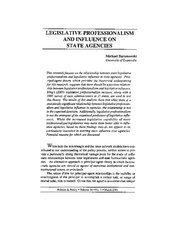 (PDF) Legislative professionalism and influence on state agencies