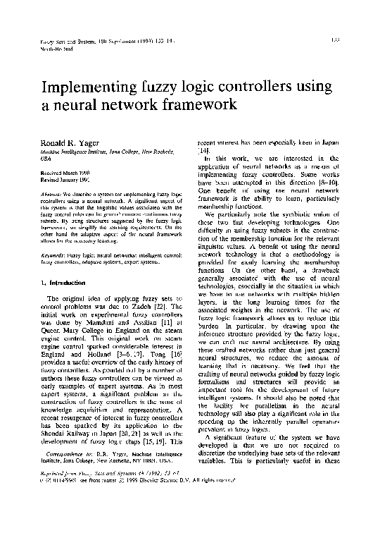 Pdf Implementing Fuzzy Logic Controllers Using A Neural Network Framework 5256