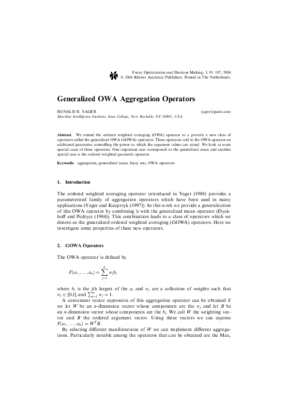 (PDF) Generalized OWA Aggregation Operators