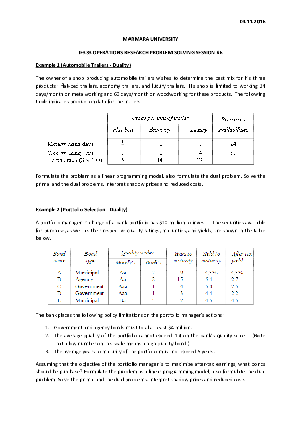 (PDF) IE333 OPERATIONS RESEARCH PROBLEM SOLVING SESSION #6 Example 1 (Automobile Trailers -Duality