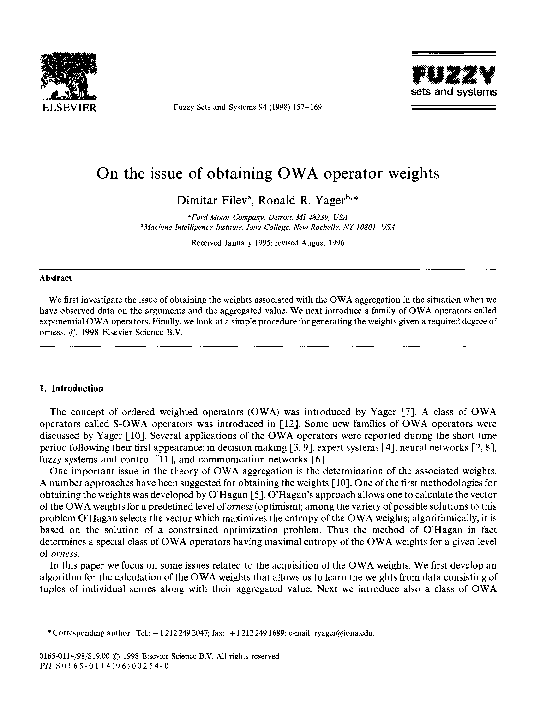 (PDF) On the issue of obtaining OWA operator weights | Ronald Yager - Academia.edu