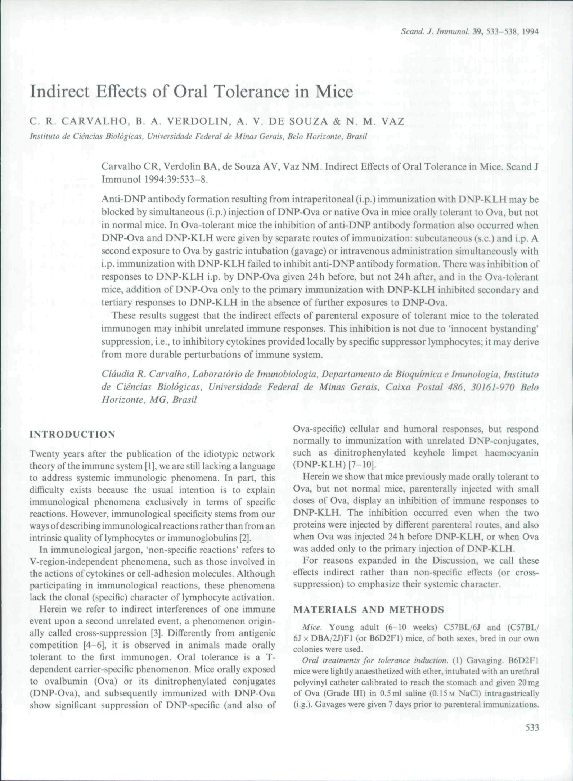 (PDF) Indirect Effects of Oral Tolerance in Mice (PDF) Indirect Effects of Oral Tolerance in Mice