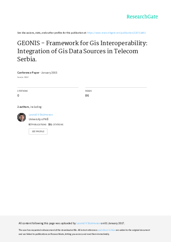 (PDF) GEONIS - Framework for Gis Interoperability: Integration of Gis Data Sources in Telecom Serbia