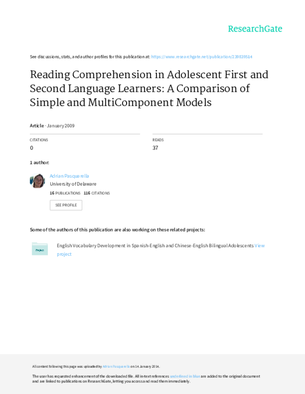 (PDF) Reading Comprehension in Adolescent First and Second Language Learners: A Comparison of ...