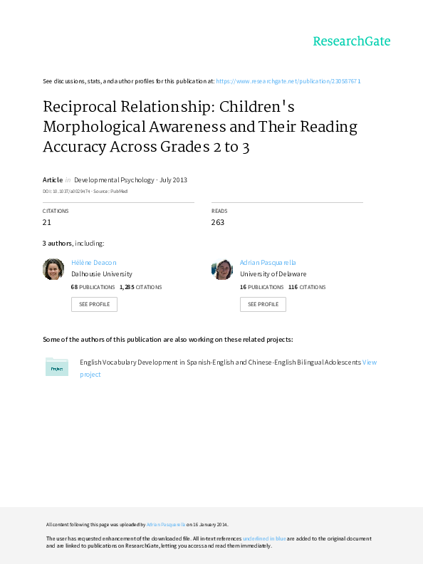 (PDF) Reciprocal relationship: Children's morphological awareness and ...