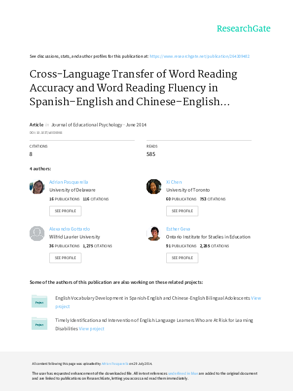 (PDF) Cross-language transfer of word reading accuracy and word reading ...