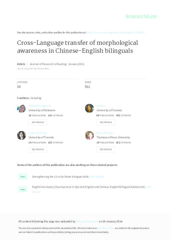 (PDF) Cross-language transfer of morphological awareness in Chinese ...
