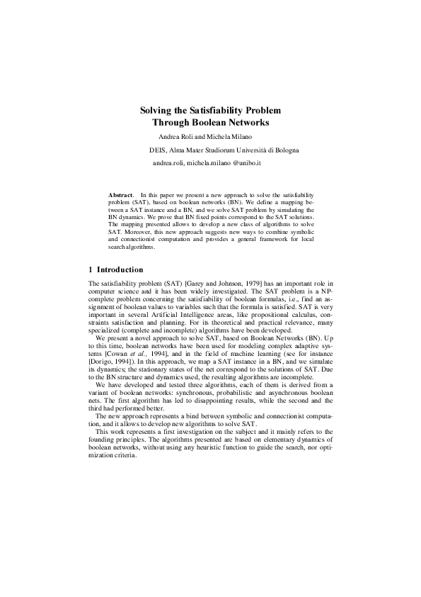 (PDF) Solving the satisfiability problem through Boolean networks