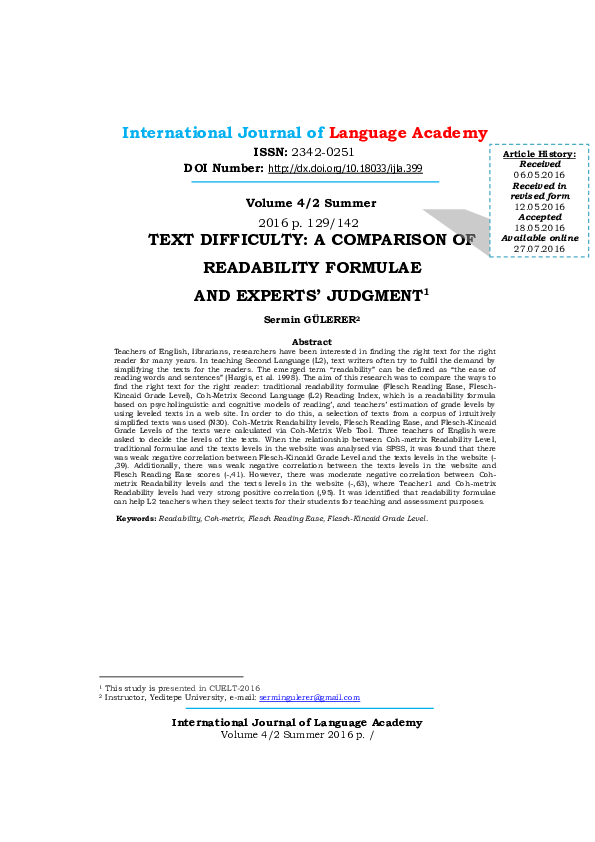 (PDF) TEXT DIFFICULTY: A COMPARISON OF READABILITY FORMULAE AND EXPERTS’ JUDGMENT