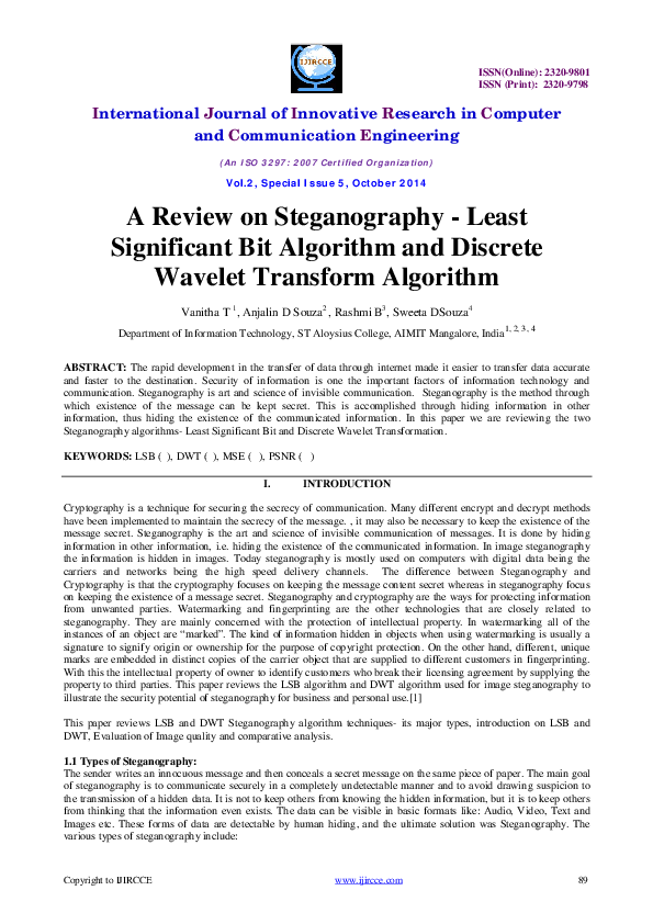 (PDF) A Review on Steganography -Least Significant Bit Algorithm and Discrete Wavelet Transform ...