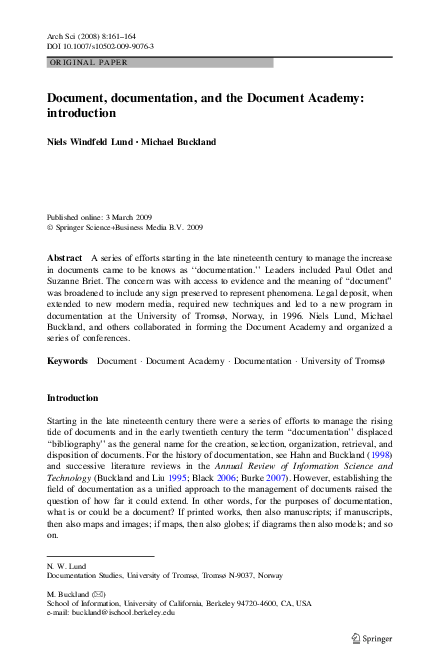 (PDF) Document, documentation, and the Document Academy: introduction