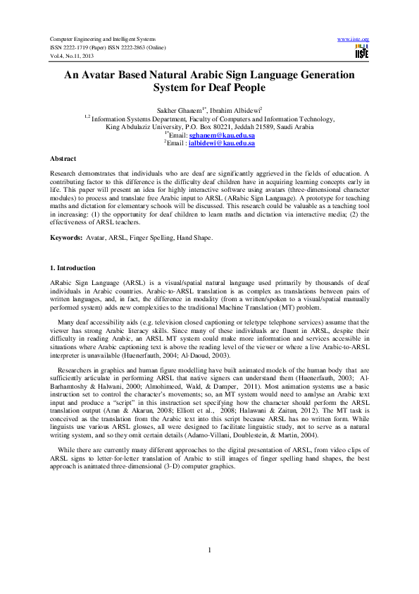 (PDF) An Avatar Based Natural Arabic Sign Language Generation System ...