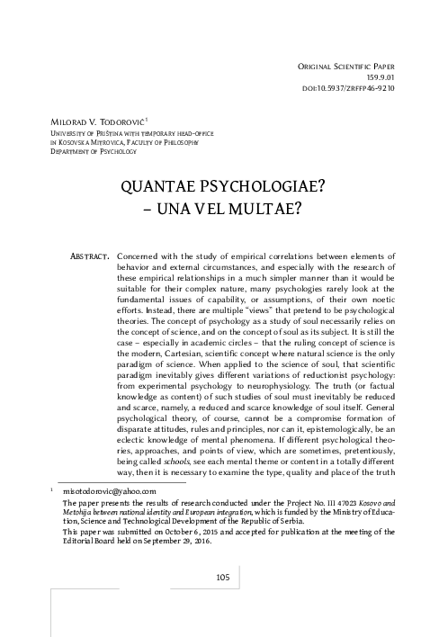 (PDF) KOLIKO PSIHOLOGIJA: JEDNA ILI VIŠE? - QUANTAE PSYCHOLOGIAE? – UNA VEL MULTAE